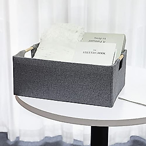 LaMorée Fabric Storage Bin Box Foldable Cotton Linen Storage Basket with Wooden Handles Rectangular Cube Decorative Home Nursery Laundry Organizer Clothes Blanket Container – Gray, Small