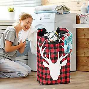 Christmas Reindeer Laundry Hamper Winter Red Plaid Laundry Bag Organizer Storage Clothes Toys Laundry Bakets for Bathroom Laundry Room Bedroom (Plaid Deer)