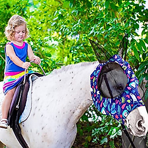 2 Pieces Horse Fly Mask Horse Mask with Ears Smooth and Elasticity Fly Mask with UV Protection (Tribal Grid Patterns, L)