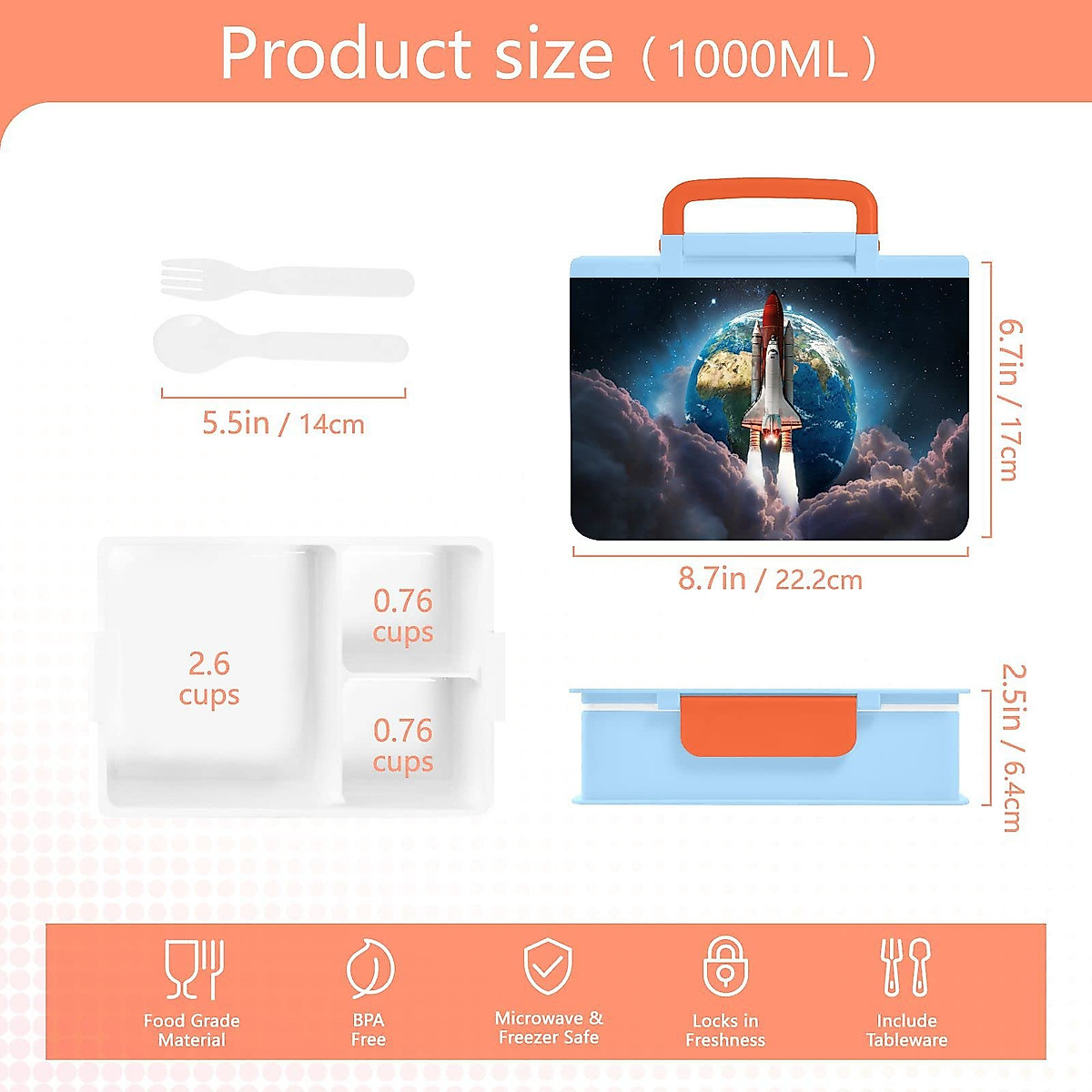 Kcldeci Bento Box Adult Lunch Box Eco-Friendly Rocket 1000 ML Bento Lunch Box Food Storage Containers for Adults Women Men With Utensils