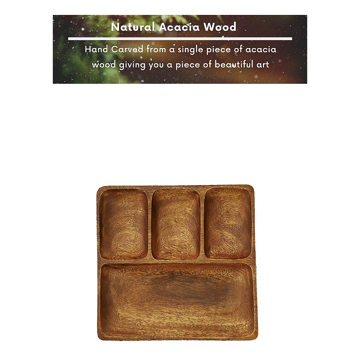 WeTheFounders SDS Handcrafted Acacia Wood Platter and Tray Perfect for Snacks Hummus Dip and Salsa Appetizer Server with 4 Sections, 11" x 1"H