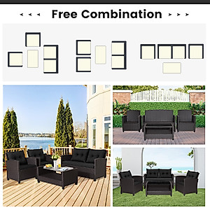 HAPPYGRILL 4 Pieces Patio Furniture Set Outdoor PE Rattan Conversation Set with 2-Tier Coffee Table, Extra Storage Shelf and Cushions, Patio PE Wicker Sofa Set for Garden Backyard Poolside