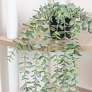 BLEUM CADE Fake Hanging Plants, 1pcs Sage Green Artificial Hanging Potted Plant, Faux Eucalyptus Hanging Plant Greenery for Wall Shelf Home Living Room Indoor Outdoor Decor