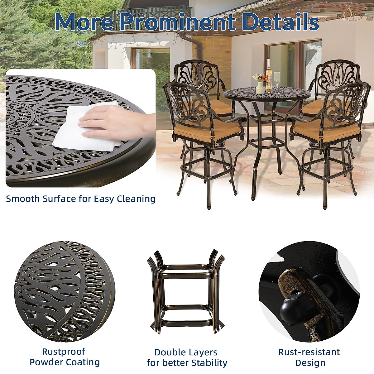 SOCIALCOMFY 5 Piece Bar Height Patio Dining Set, All Weather Cast Aluminum Swivel Bar Stools Chair Set of 4 and 35.4" High Bar Table W/Umbrella Hole, Outdoor Bar Table & Chairs Set for Deck Garden