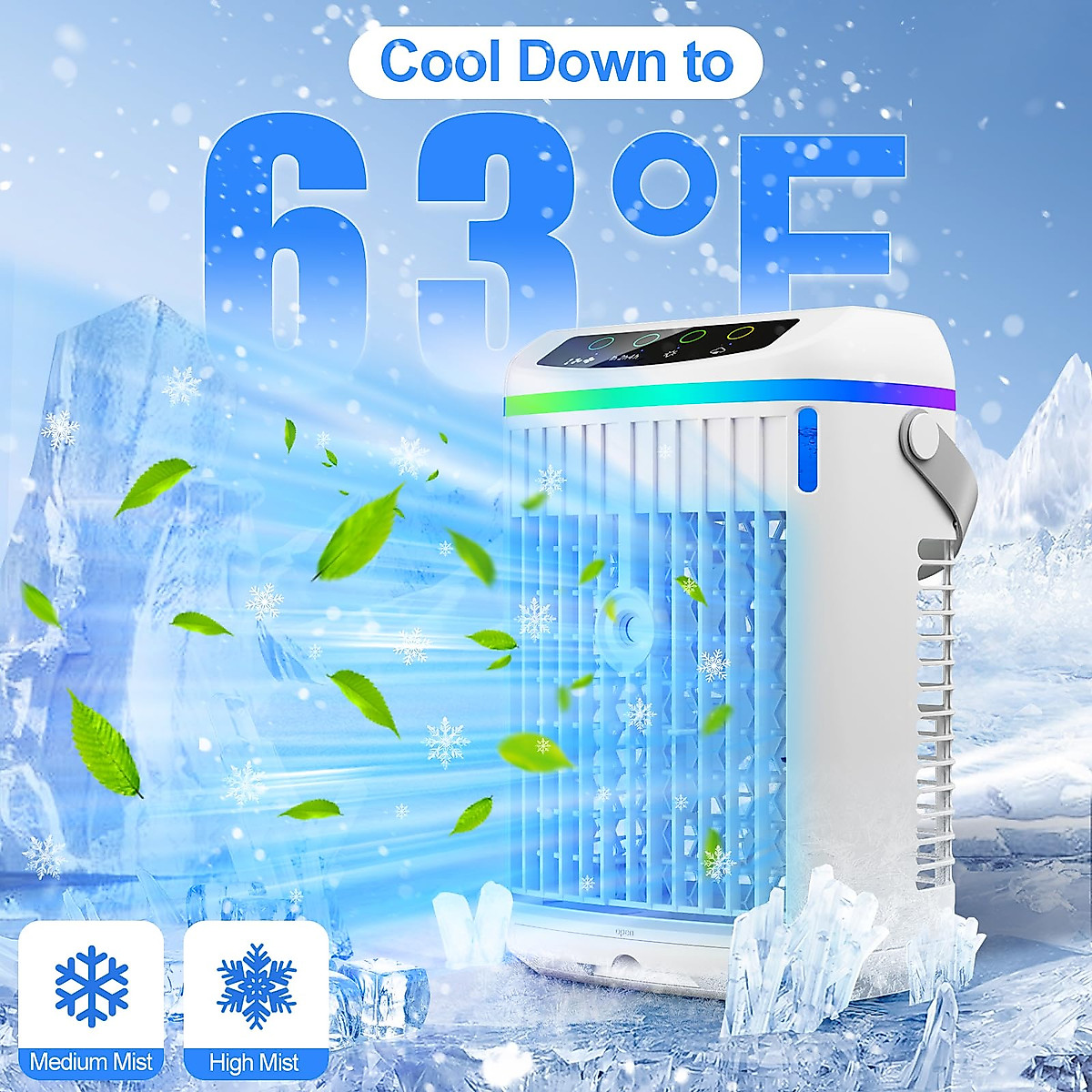 Evaporative Air Cooler, PERKDS Portable Air Conditioner with Quiet, 3 wind speeds & 2 Cool Mist with Colorful Night Light, Mini AC Unit for Bedroom Room Car Office