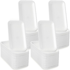 EBOOT 100 Pcs Foam Meat Trays White Foam Crafts Trays Bulk Disposable Food Plates Rectangle Painting Dish for Halloween Christmas Printmaking DIY Art Supplies, 8.3 x 4.4 x 0.55 Inches