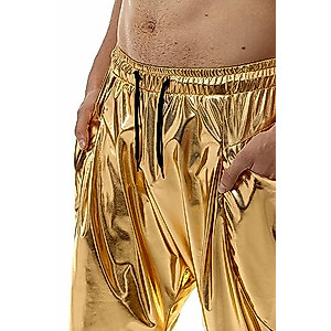 GRAJTCIN Metallic Shiny Jogger Sweatpants for Men 70s/80s Disco Party Rave Sequin Pants Elastic Trousers for Men with Pockets Solid Gold L