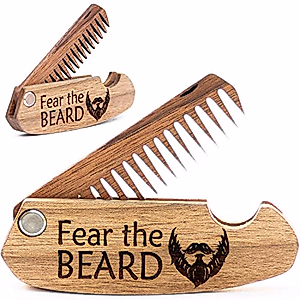 Wooden Beard Comb for Men Folding Pocket Comb for Moustache Beard & Hair Walnut Combs with the Engraving (Fear The Beard)