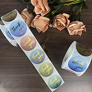 6 Colors Watercolor Thank You Stickers, 1.5 inch Waterproof Thank You Sticker Labels Roll, 500 Gold Stamping Thank You Stickers Small Business, Adhensive Labels for Small Business Packaging Supplies
