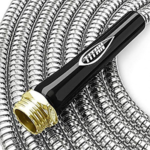 TITAN 25FT Metal Garden Hose - Flexible Water Hose with Solid 3/4" Brass Connectors 360 Degree Brass Jet Sprayer Nozzle - Lightweight Kink Free Strong and Durable Heavy Duty 304 Stainless Steel