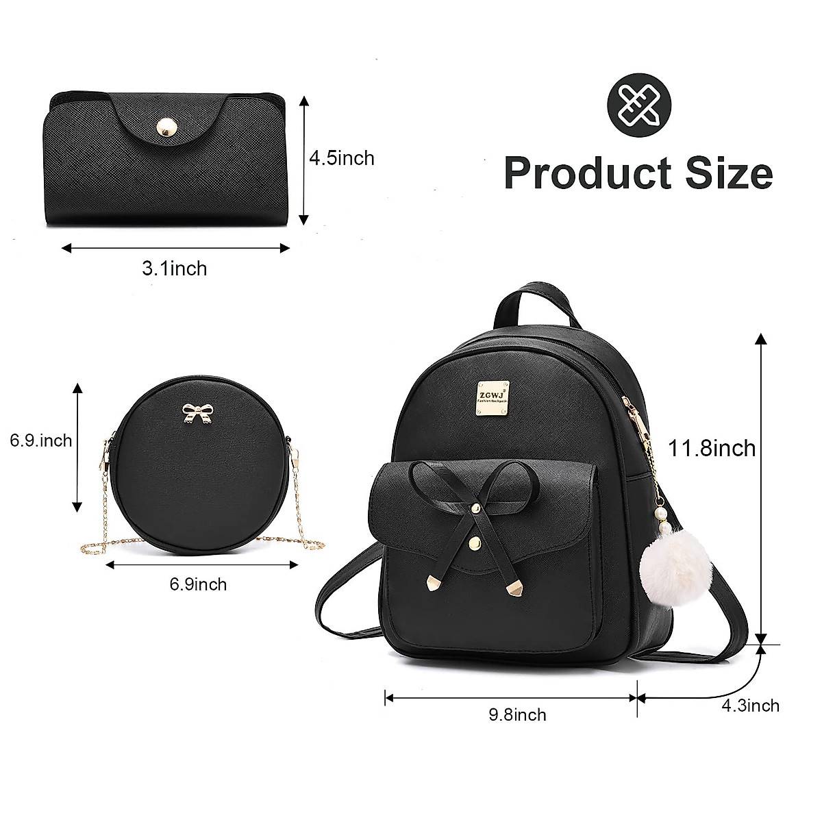 Aogist Mini Leather Backpack Purse 3-Pieces Fashion Bowknot Zipper Bags Cute Casual Travel Daypacks for Women (Black)