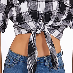 Women's 3/4 Sleeve Front Tie Shirt Plaid Shirts Denim Shirt Crop Cardigan Jean Crop Top Button Down Knot Shirt Black Plaid X-Small