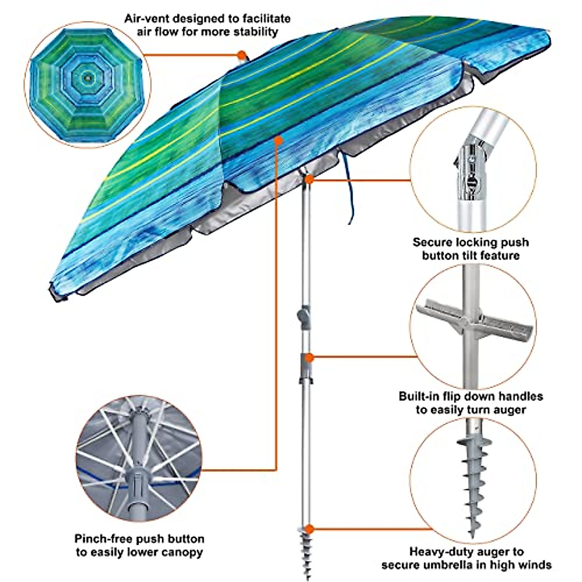 Ridota 7.2' Beach Umbrella with Sand Anchor, Outdoor Portable Beach Umbrella for Sand with Tilt Pole, Carry Bag, Air Vent, Green Stripes