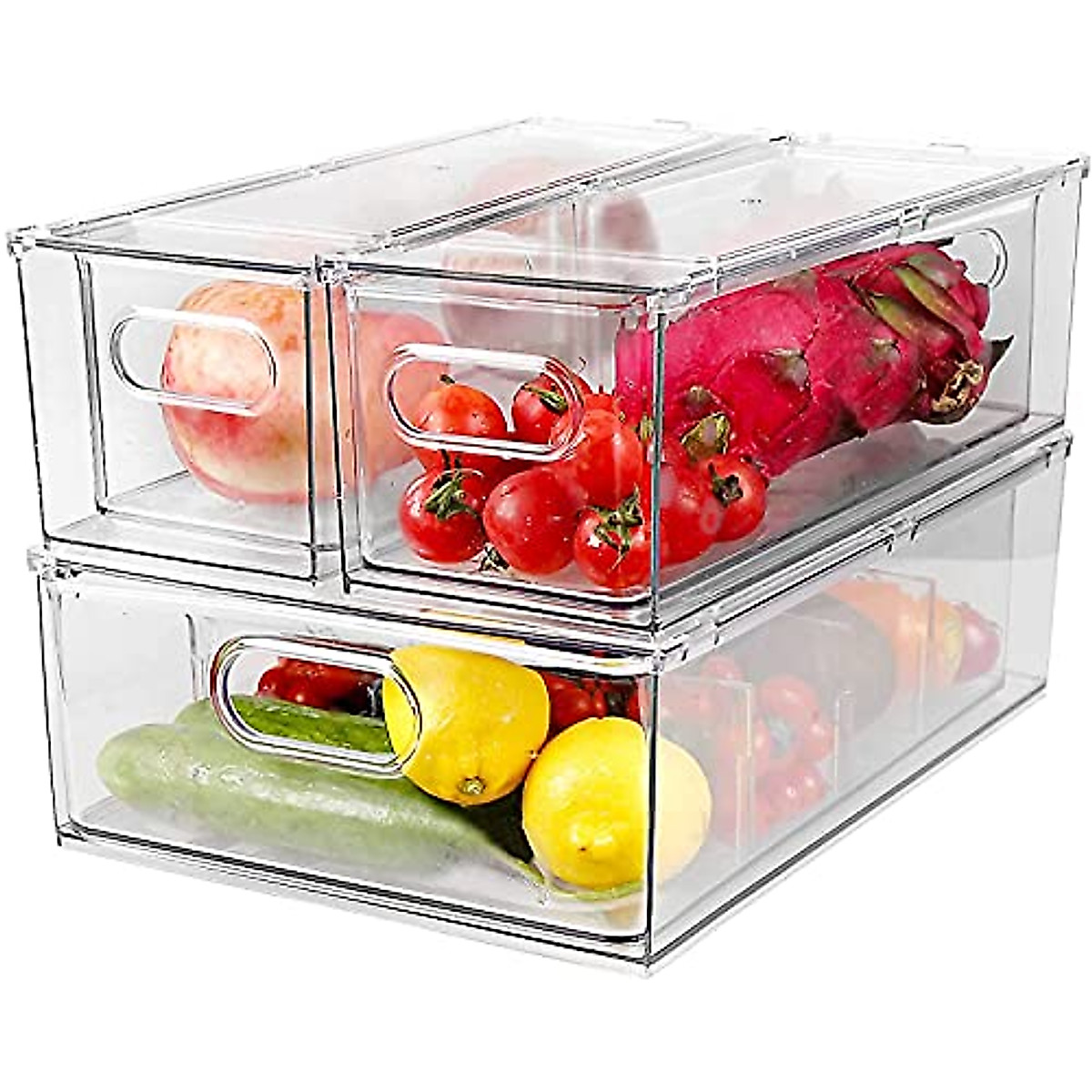 3 Pack Refrigerator Organizer Bins with Pull-out Drawer, Large Stackable Fridge Drawer Organizer Set with Handle, BPA-free Drawable Clear Storage Cases for Freezer, Cabinet, Kitchen, Pantry Organization