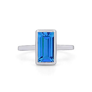 AFFY Jewelry Gifts Emerald Cut Simulated Blue Topaz Geometric Vertical Bar Statement Bridal Wedding Ring 14k White Gold Over Sterling Silver Ring Size-7.5
