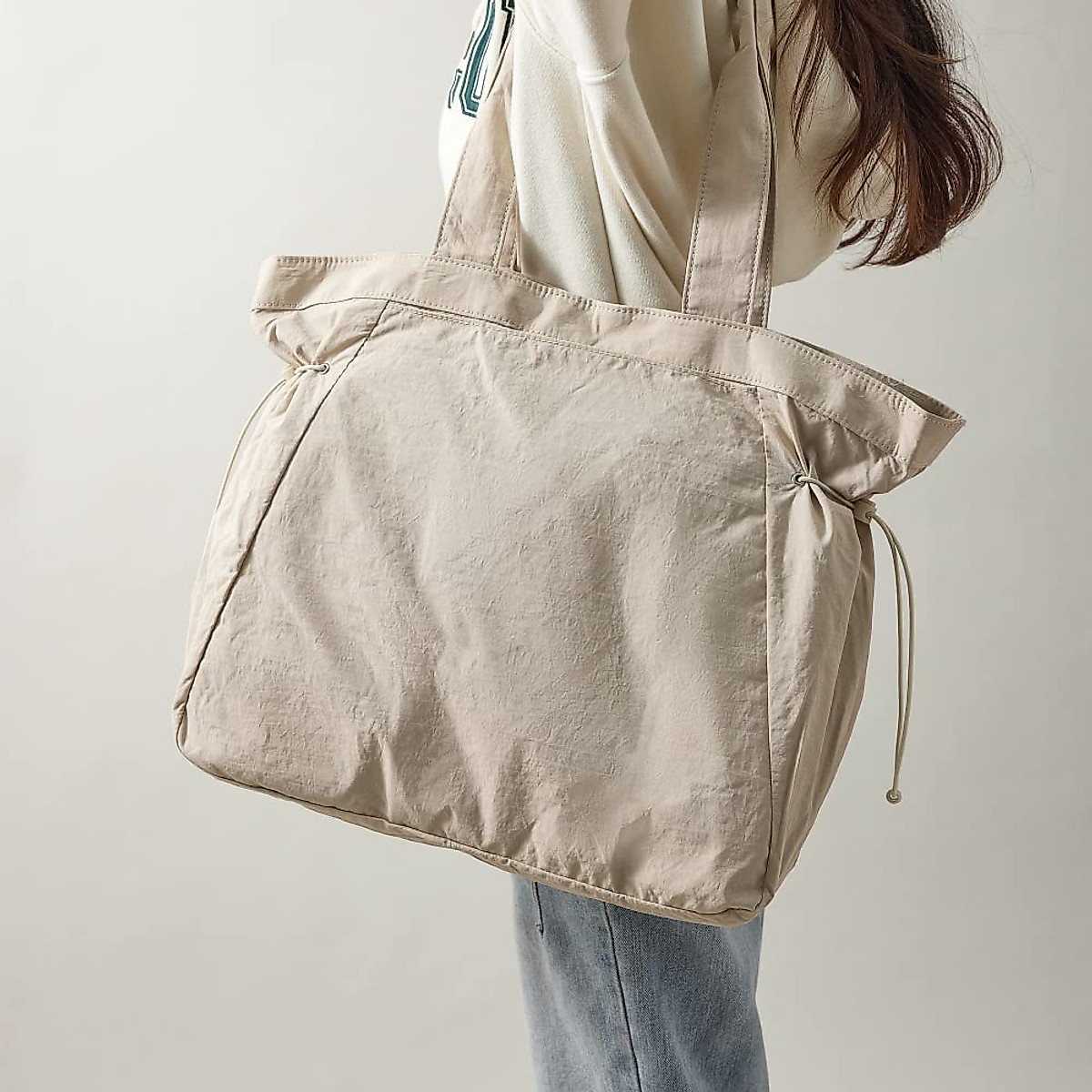 VAKAER Tote Bag for Women, 18L Side Cinch Shopper Handbag, Large Hobo Handbag, Lightweight Shoulder Bags for Work, Gym, Workout, Travel (Beige)