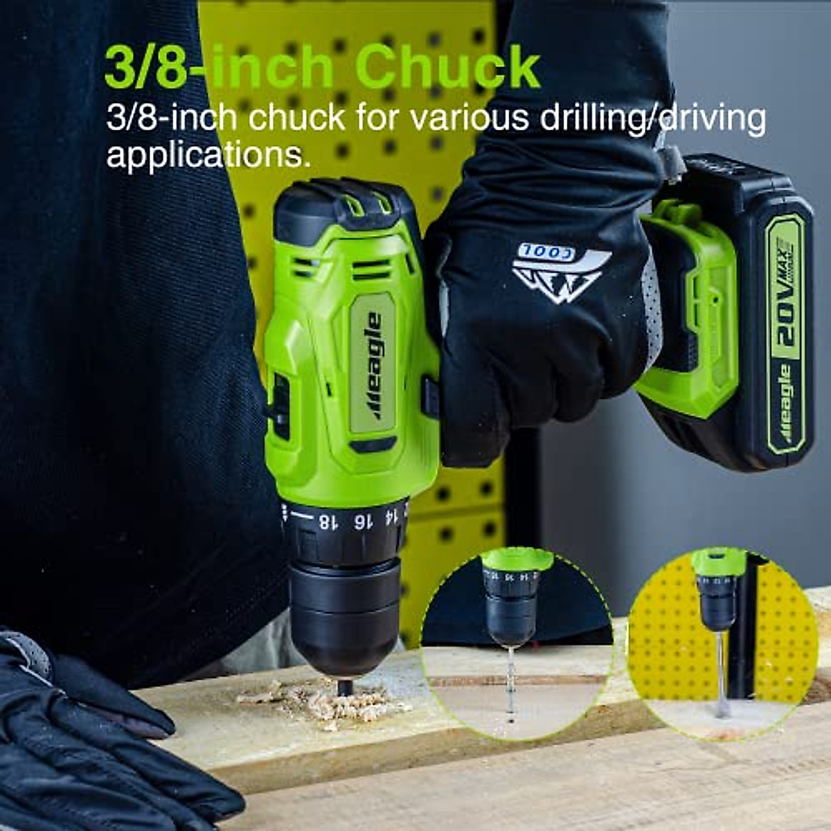 Meagle Cordless Drill, 20V Power Drill set with Battery & charger, 2 Variable Speed Electric Power Drill 18+1 Torque Setting, 3/8” Chuck with Drill Bits& Tool Bag