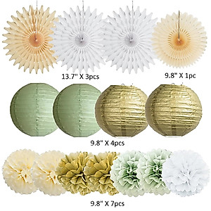 Sage Green Party Decorations Baby Shower Sage Green and Gold Party Decorations White Fans Tissue Paper Pom Poms Sage Birthday Wedding Engagement Bridal Shower Bachelorette Party Decorations