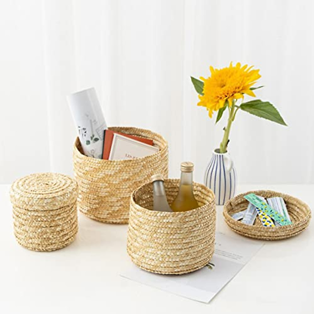 Cabilock 1PC Mini Straw Woven Storage bin Storage Basket Wheat- Straw Basket Hand Woven Storage