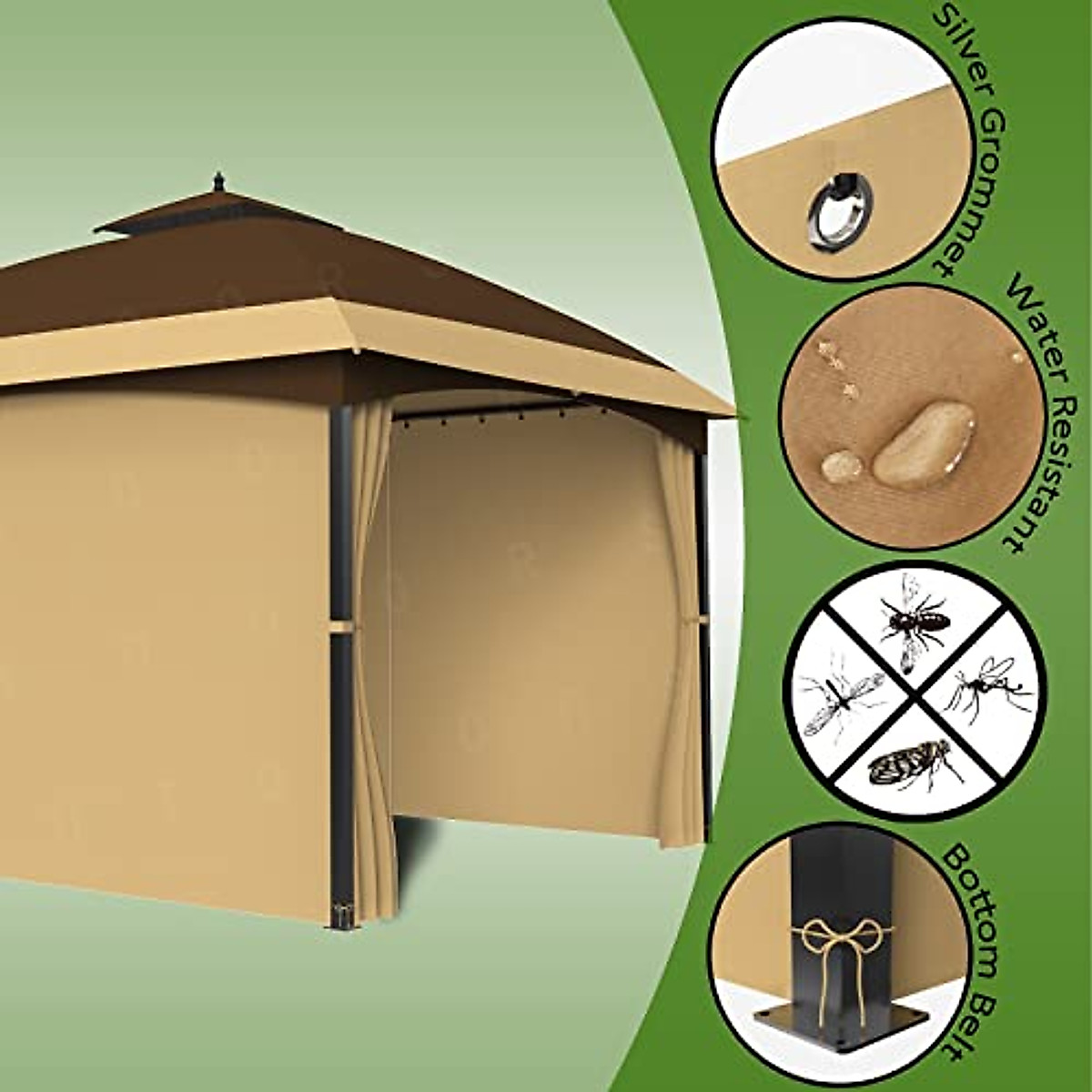 SunCula Replacement Gazebo Curtains Universal Privacy Shade Curtains 4-Panels sidewall with Zipper Outdoor Curtains (12'x14', Khaki, Only Curtains)