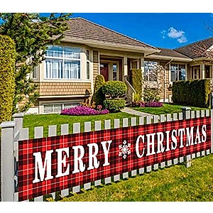 Large Merry Christmas Banner, Red Buffalo Plaid Yard Christmas Banner, Christmas Decorations for Outdoor Indoor, Xmas Party Decoration Supplies (9.8 x 1.6 feet)