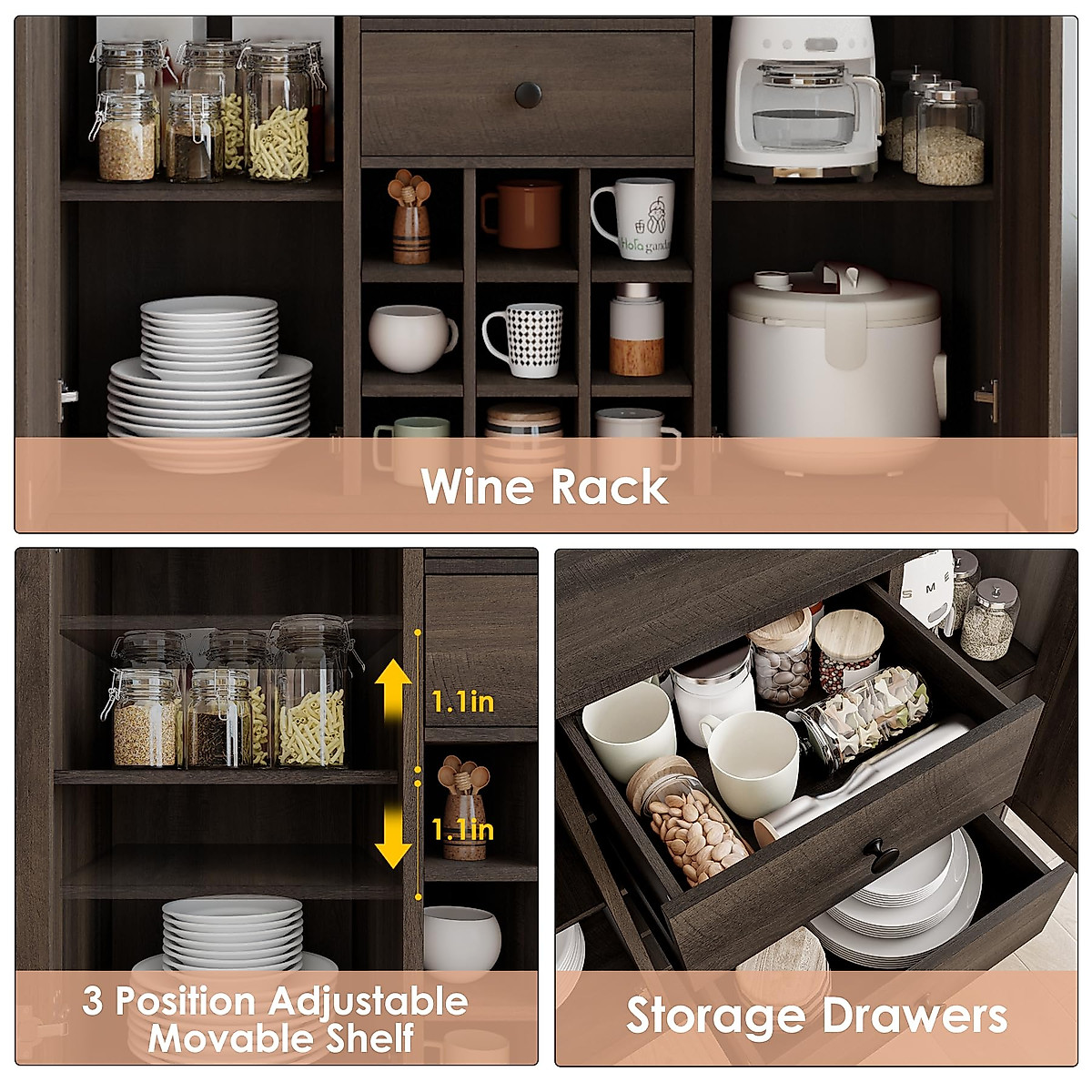 BOTLOG Buffet Sideboard Bar Cabinet with Storage, Farmhouse Coffee Bar Cabinet with 2 Drawers and Adjustable Shelves, 43.3’ Kitchen Buffet Storage Cabinet for Kitchen, Dining Room (Dark Brown)