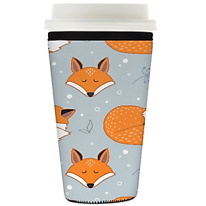 Iced Coffee Sleeve Animal Fox, Fox Flower Reusable Neoprene Insulated Sleeves Cup Cover Holder for Cold Drinks Beverages 22oz - 24oz