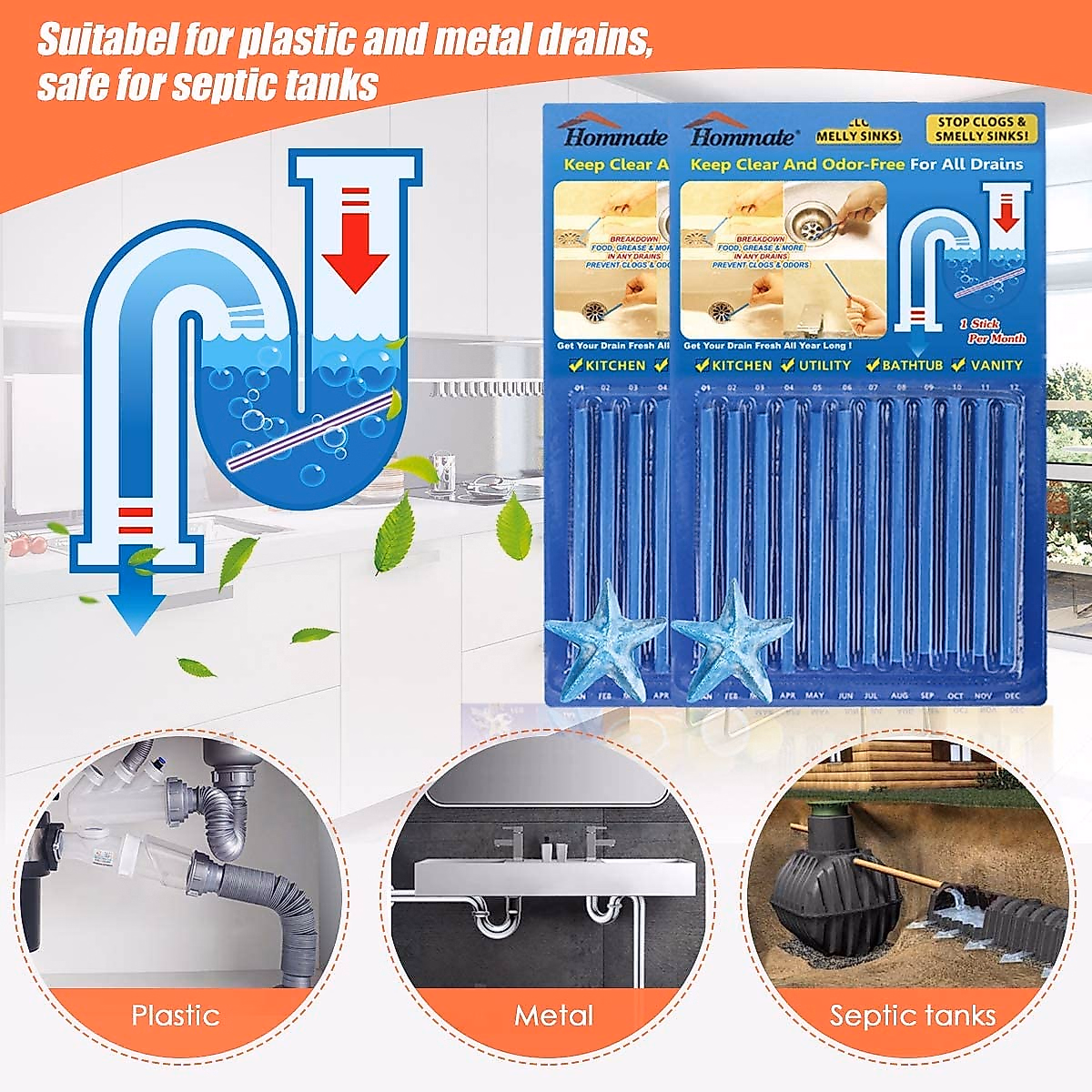 Drain Cleaner Sticks Drain Sticks for Clogs and Odors Powered Sticks for Clearing Grease, Fats, Oils, and Soap Scum from Your Drains