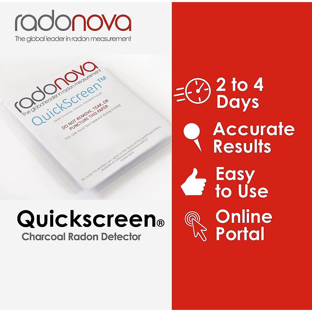 Radonova QuickScreen Home Radon Test Kit - Short Term Charcoal Radon Detector (2-4 Days) Reliable Accurate Readings - EPA Approved Radon Home Test - Lab Analysis Included - Unavailable in New Jersey