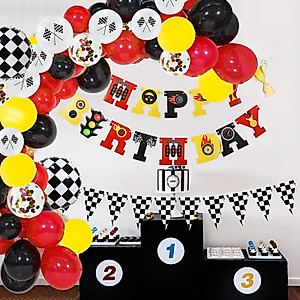 124 Pcs Race Car Birthday Party Supplies, Race Car Balloon Garland Kit with Racetrack Checked Flags HAPPY BIRTHDAY Banner Black and White Pennant Banner for Race Car Party Decorations