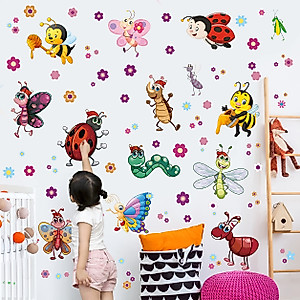 Cartoon Insect Wall Sticker DIY Removable Little Bee Flower Butterfly Ant Snake Ladybug Dragonfly Praying Mantis Peel and Stick Wall Decal Decor for Kids Baby Boys Bedroom Playroom Nursery Classroom