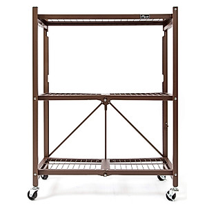 Origami General Purpose Collapsible Foldable 3-Shelf Small Storage Rack with Wheels, Pre-Assembled - Vintage Bronze
