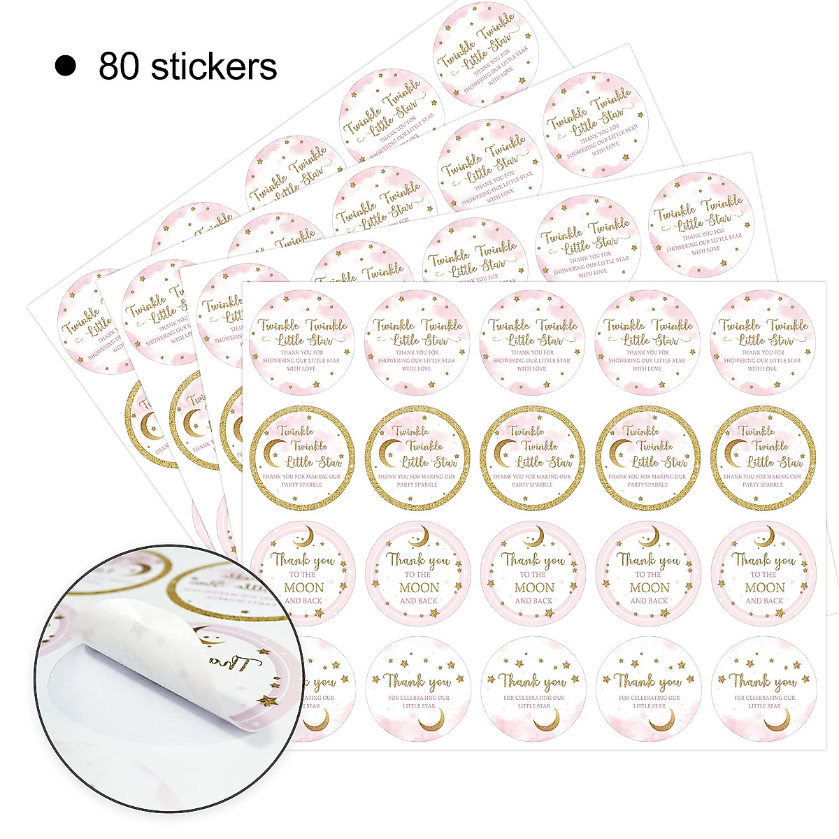 80 Twinkle Twinkle Little Star Stickers, Baby Shower Twinkle Little Star Stickers, Girl Pink Baby Shower Thank You Stickers(2 Inch)