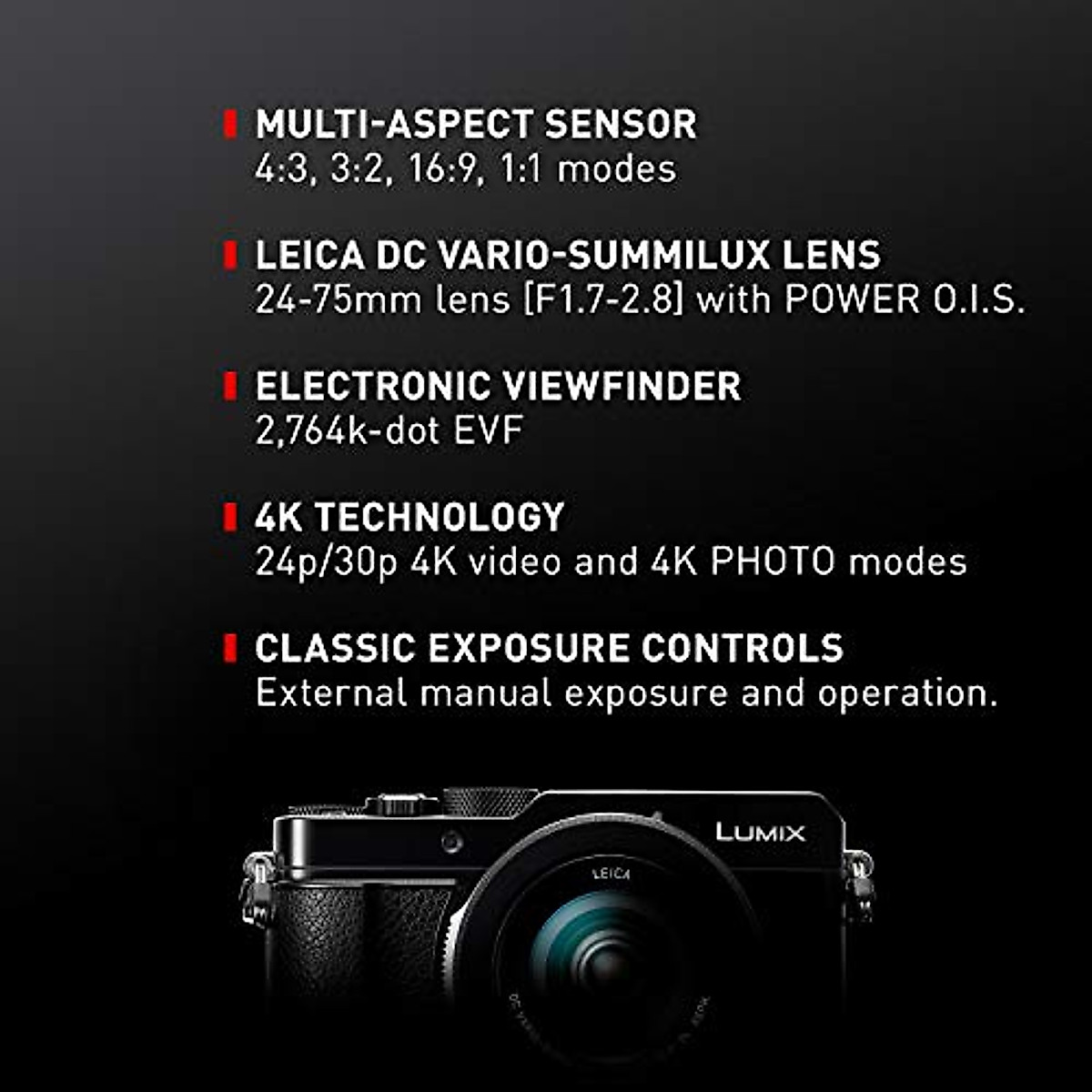 Panasonic Lumix LX100 II Large Four Thirds 21.7 MP Multi Aspect Sensor 24-75mm Leica DC VARIO-SUMMILUX F1.7-2.8 Lens Wi-Fi and Bluetooth Camera with 3" LCD, Black (DC-LX100M2)