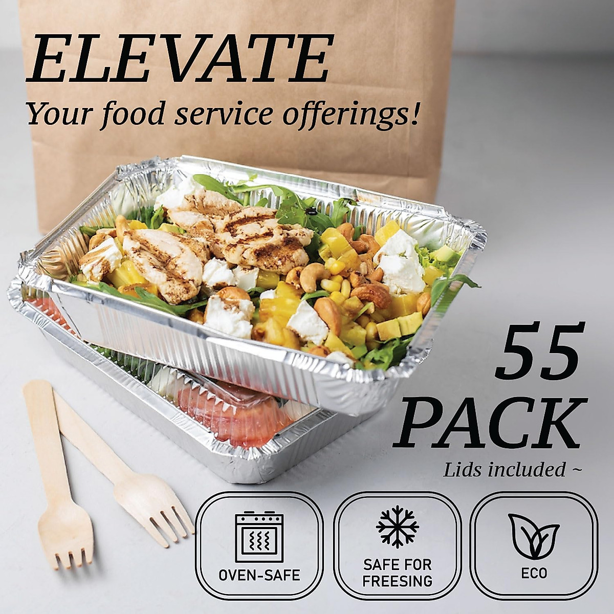 Spare Essentials (55 Count) 2.25LB Aluminum Containers with Lids (8.5"x6") - Disposable Foil Containers for Takeout, Baking, Freezing, Food Storage - Aluminum Pans with Lids, To Go Containers