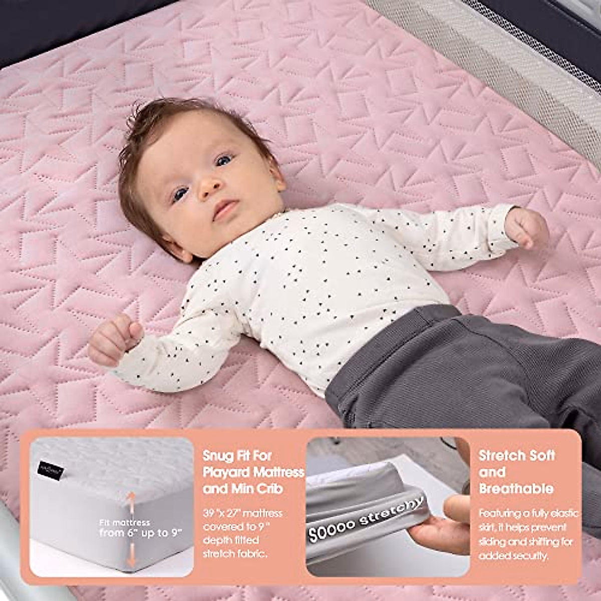 ACRABROS Pack n Play Sheets Fitted,2 Pack Waterproof Mini Crib Mattress Protector, Playard Sheets for Boys and Girls, Universal Fit Quilted Padded Ultra Soft,Gray & Pink