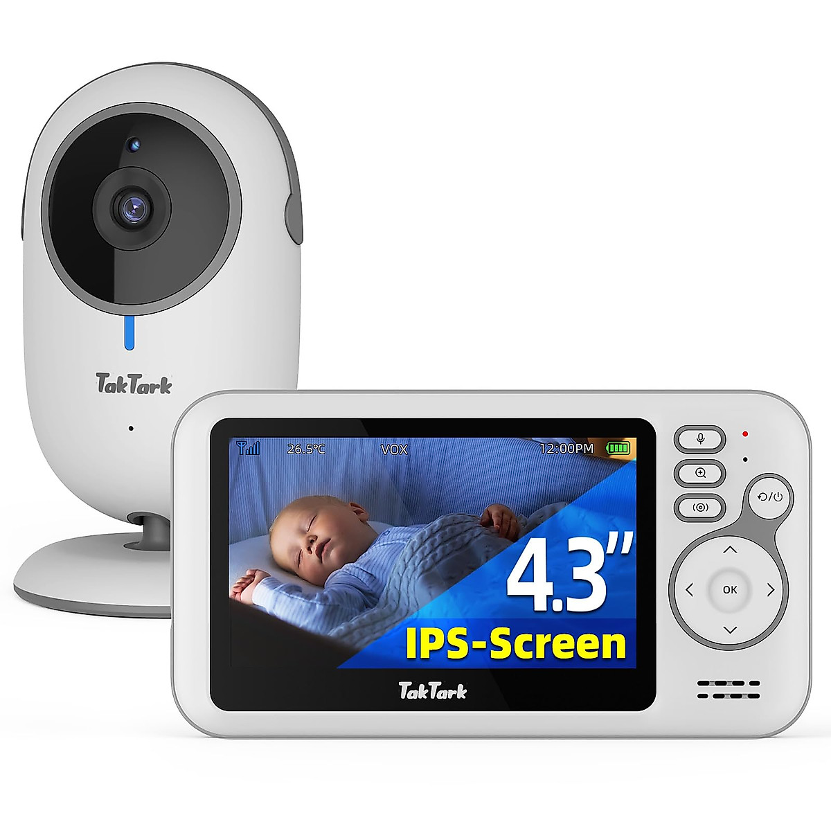 TakTark Baby Monitors with Camera and Audio, 4.3 inches, No Wi-Fi, 2 Way Audio, Night Vision, Digital Zoom, VOX Power Saving, Room Temperature, Ideal for New Parents