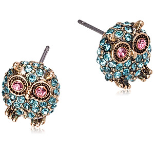 Betsey Johnson Pave Owl Stud Earrings