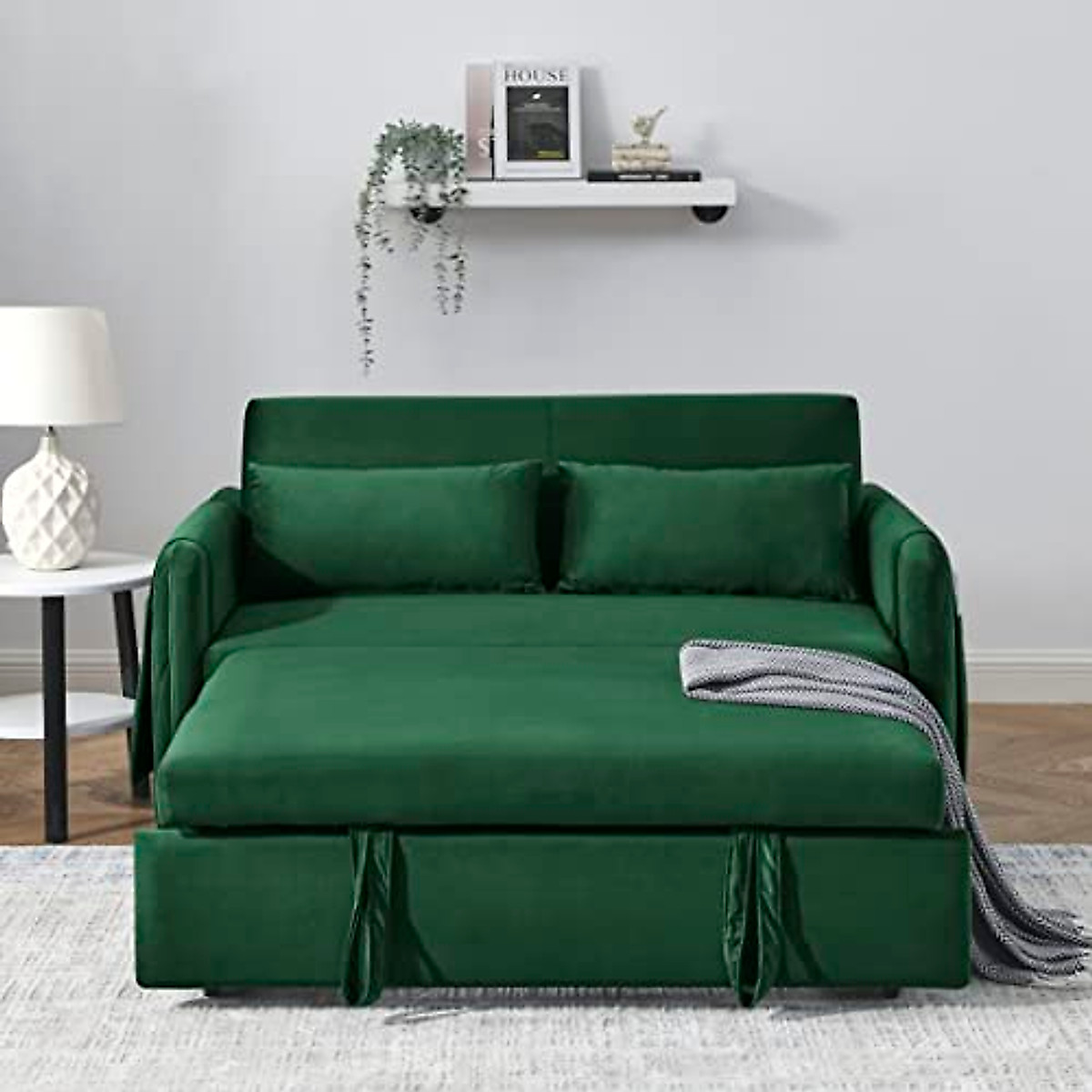 HomSof 2 Pillows and Living Room Adjustable Backrest, Grid Design Armrests 55" Modern Convertible 2 Detachable Arm Pockets, Velvet Loveseat Sofa with Pull Out Bed, Style B, Green