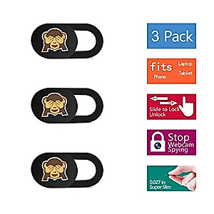 SIREG Webcam Cover Ultra Thin - Web Camera Cover fits Laptop,Tablet,Computer, Smartphone, Protect Your Privacy and Security,Strong Adhesive (Monkey-Black & 3 Pack)