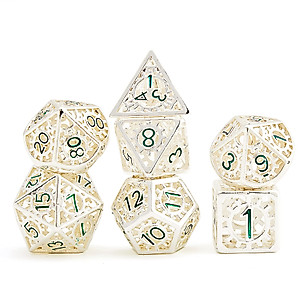 Hollow Metal DND Dice Set of 7 Uniquely Designed Polyhedral D&D Dice Set with Gift Metal Box and Numbers for Dungeons & Dragons RPG Role Playing and Pathfinder Dice Games(White-2)