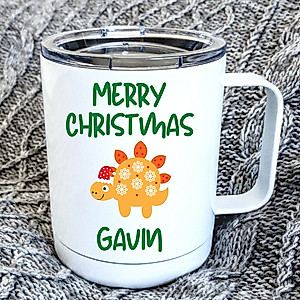 Kid's Christmas Dinosaur Hot Chocolate Mug/insulated with lid/custom Merry Christmas Dinosaur mug with name gift for son grandson nephew