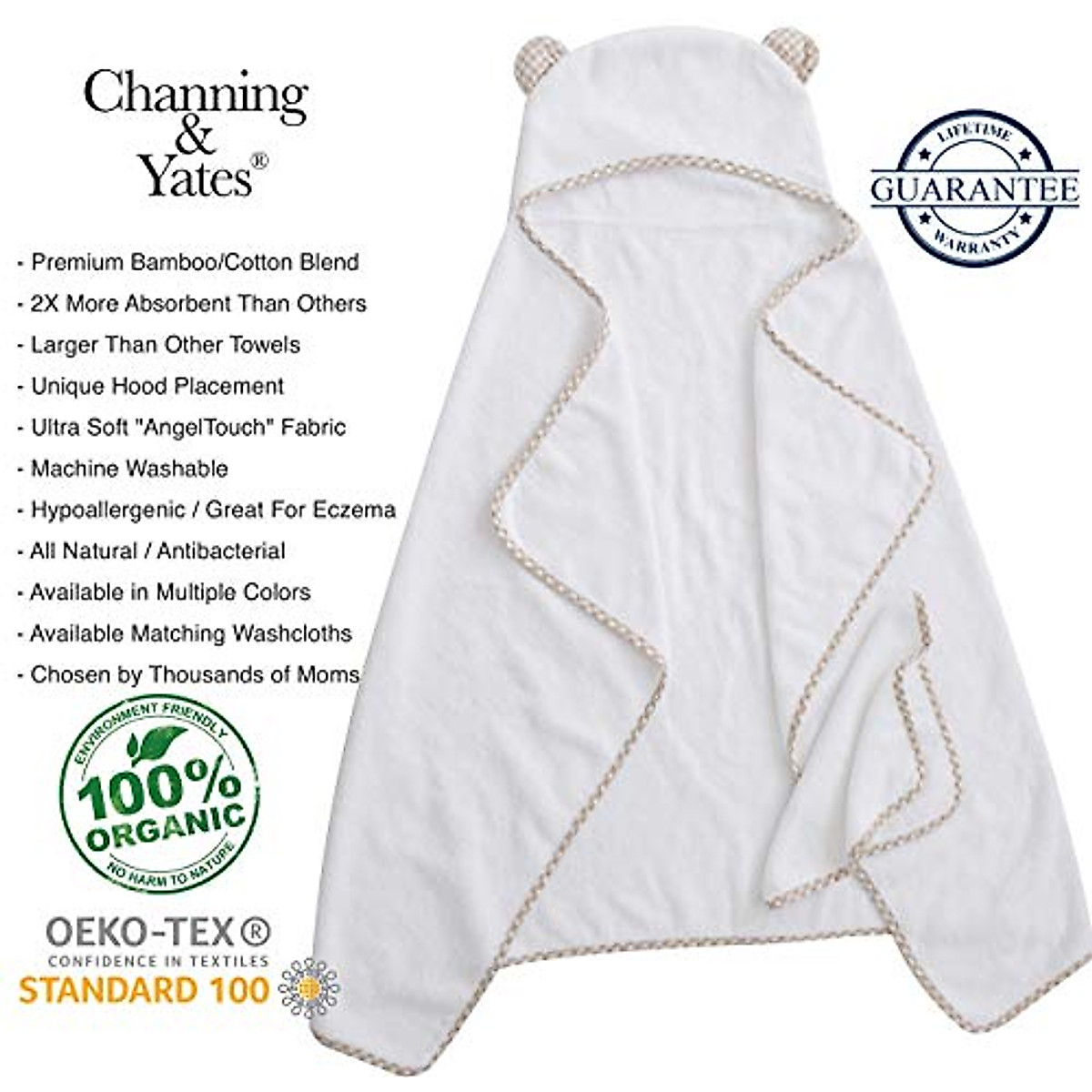 Channing & Yates Premium Hooded Baby Towel + (4 Piece) X-Large Washcloth Gift Bundle - Organic Bamboo Baby Towels and Washcloths- (Beige Gingham Bundle)…