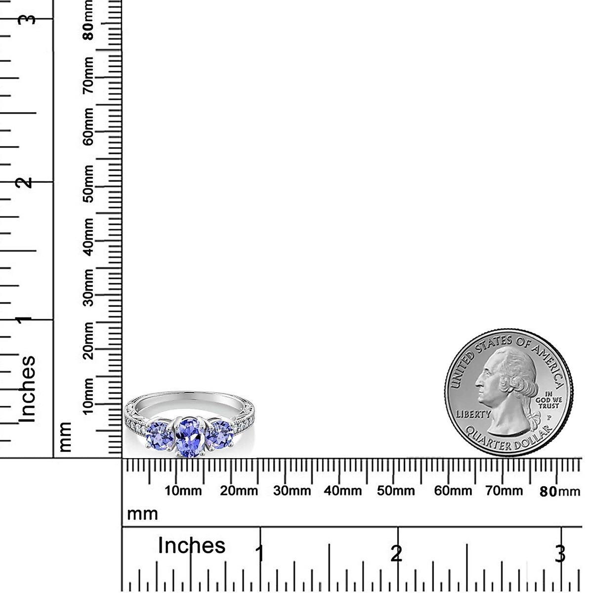 Gem Stone King 10K White Gold Blue Tanzanite and White Lab Grown Diamond 3 Stone Engagement Ring For Women (1.71 Cttw, Oval Gemstone December Birthstone, Available in size 5, 6, 7, 8, 9)