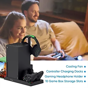 Vertical Cooling Stand for Xbox Series X, Dual Controller Charging Dock Station for Xbox Series X Cooler Cooling Fan with 2 Pack 1400mAh Rechargeable Batteries, 10 Games Storage and Headset Stand
