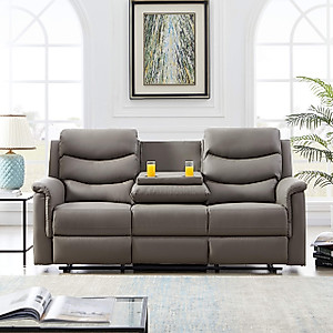 Faux Leather Double Recliner Loveseat Sofa with Console,3-Seater Home Theater Seating RV Furniture w/Drop-Down Table,Pillow Top Armrest Manual Recliling Sofa & Couches with Storage & Cup Holders