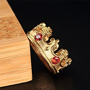 SINLEO Mens Womens Stainless Steel Vintage Royal King Crown Ring Cross Band Ruby Black Gemstone Gold with CZ Size 7