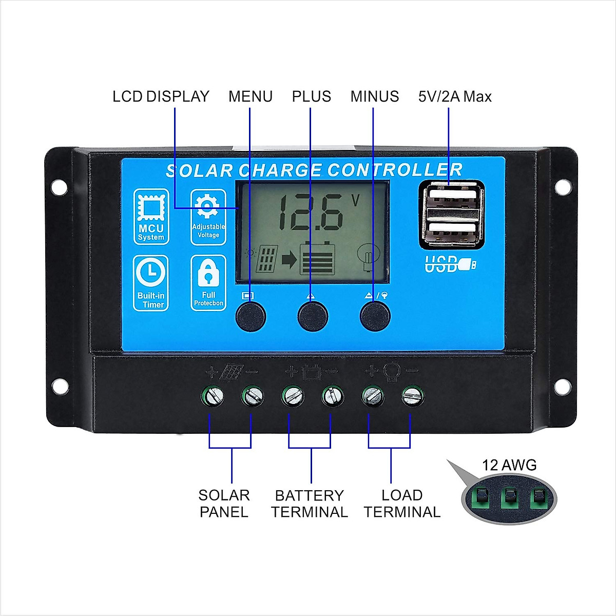 GCSOAR Solar Charge Controller 10A 12V/24V Solar Panel Battery Auto Paremeter Adjustable LCD Display PWM Regulator with Dual USB Port