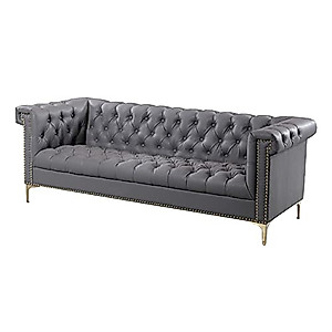 Iconic Home Winston Nail Head Tone Legs PU Leather Modern Contemporary Button Tufted with Gold Nailhead Trim Goldtone Metal Y-Shaped Feet Sofa, Grey