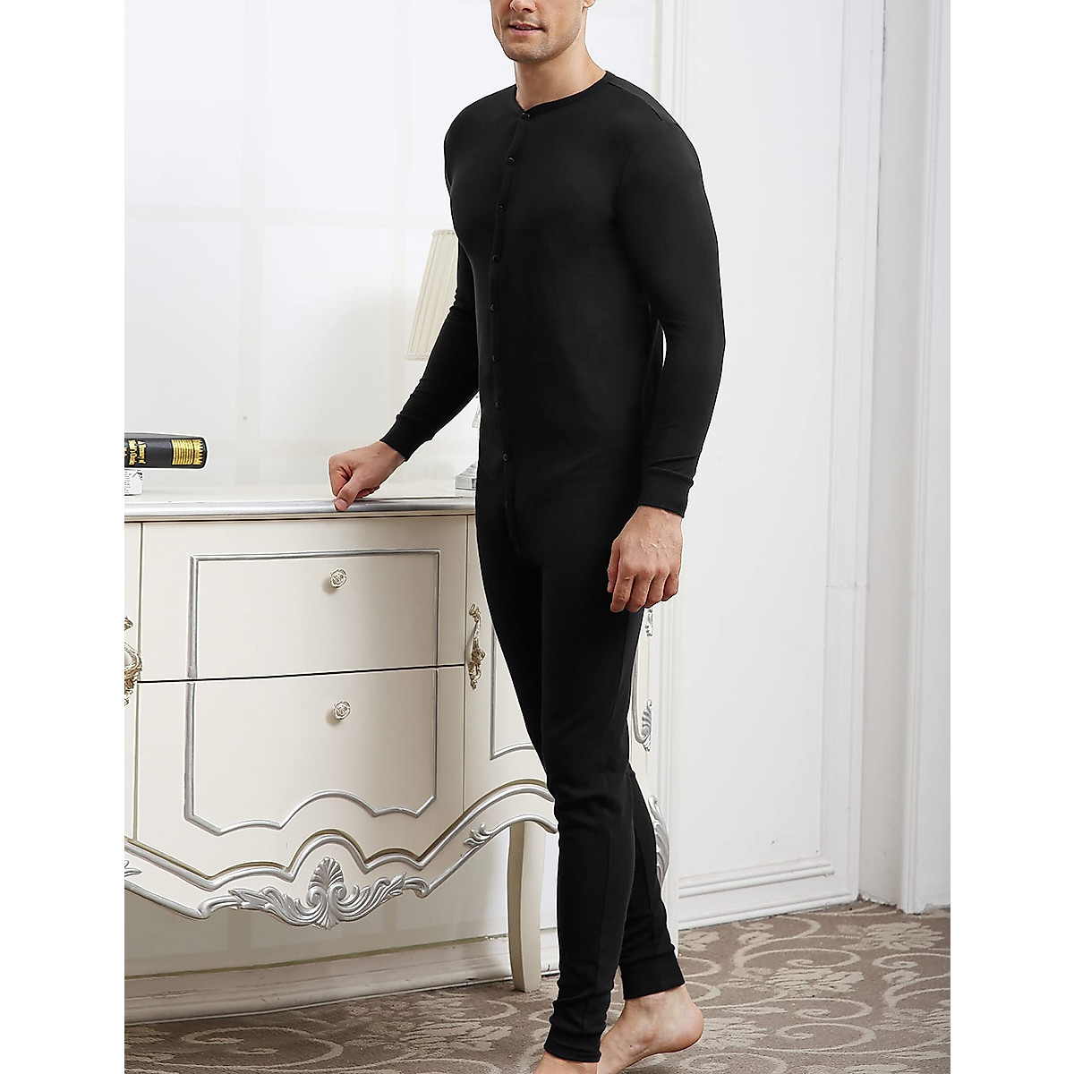COLORFULLEAF Men's Cotton Thermal Underwear Union Suits Henley Onesies Base Layer (Black, XXL)